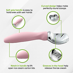 Spring Chef Ice Cream Scoop with Soft Grip Handle, Professional Heavy Duty Sturdy Scooper, Premium Kitchen Tool for Cookie Dough, Gelato, Sorbet, Pink Lemonade