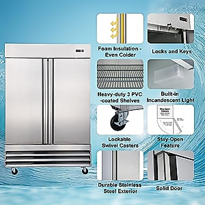 SMETA Commercial Fridge Refrigeration Stainless Steel 47 Cu. Ft Reach in 2 Door Upright Stand Up 2 Section Fan Cooling Refrigerator for Restuarant, Bar, Shop, 54'' Wide Large Capacity