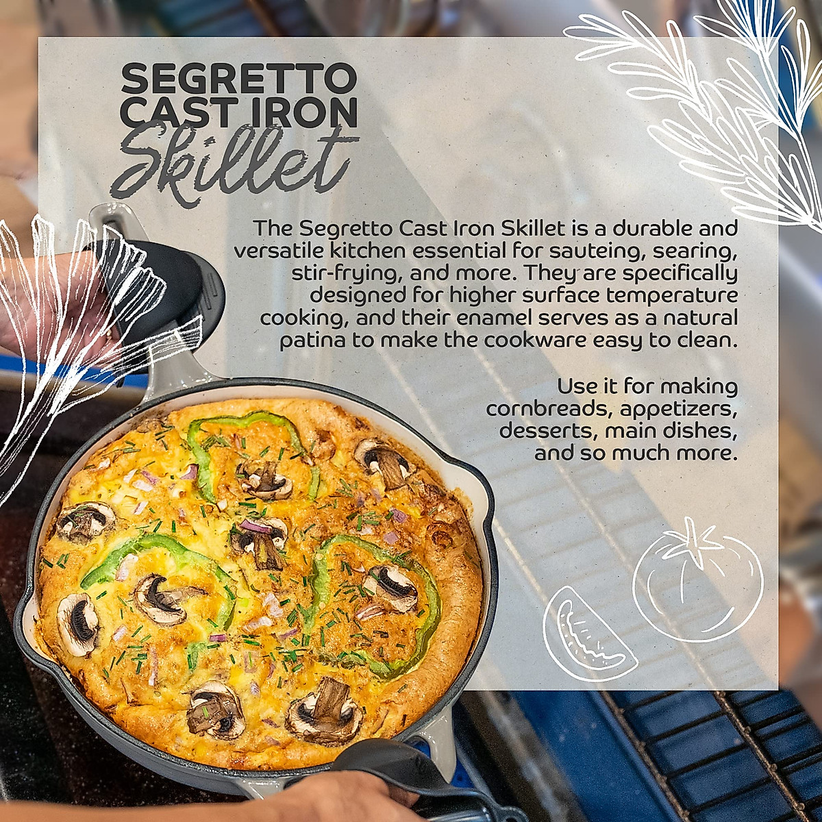 Segretto Cookware Enameled Cast Iron Skillet, 10.25-IN Verde Chiaro (Light Green) Enamel Skillet Pan, No Seasoning Required and Cast Iron Frying Pan