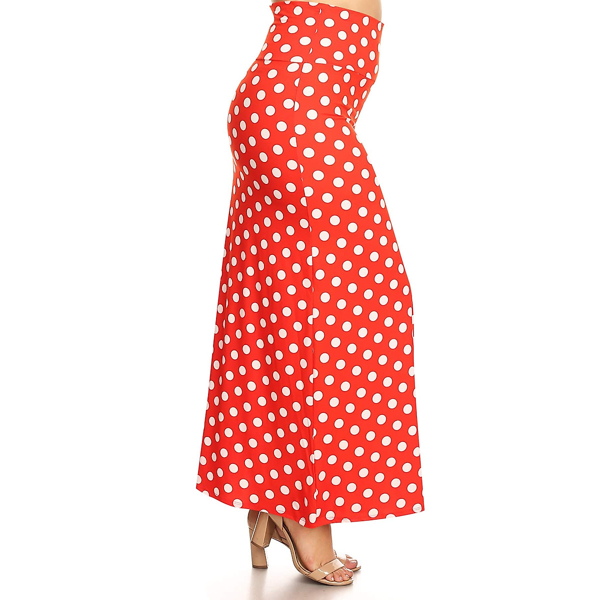 Plus Size Fold-Over Waist Lounge Wear A-Line Polka Dot Long Maxi Skirt Small Polka Red XL