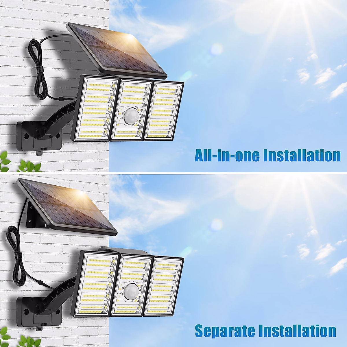TYCOLIT 2 Packs Solar Outdoor Lights Motion Sensor,108 LED Solar Security Lights,3 Heads IP65 Waterproof Solar Flood Lights,Dusk to Dawn Outdoor Wall Light with 16.4ft Cable for Porch Patio Garden