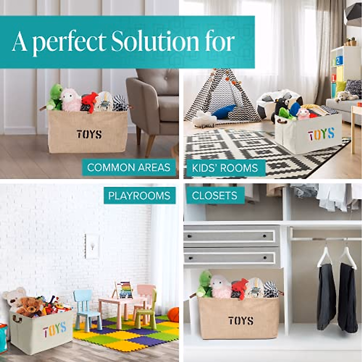 Woffit Toy Organizer Baskets - Set of 2 Collapsible Kids Toy Boxes w/Leather Handles - Living Room, Nursery and Playroom Storage & Organization, Beige