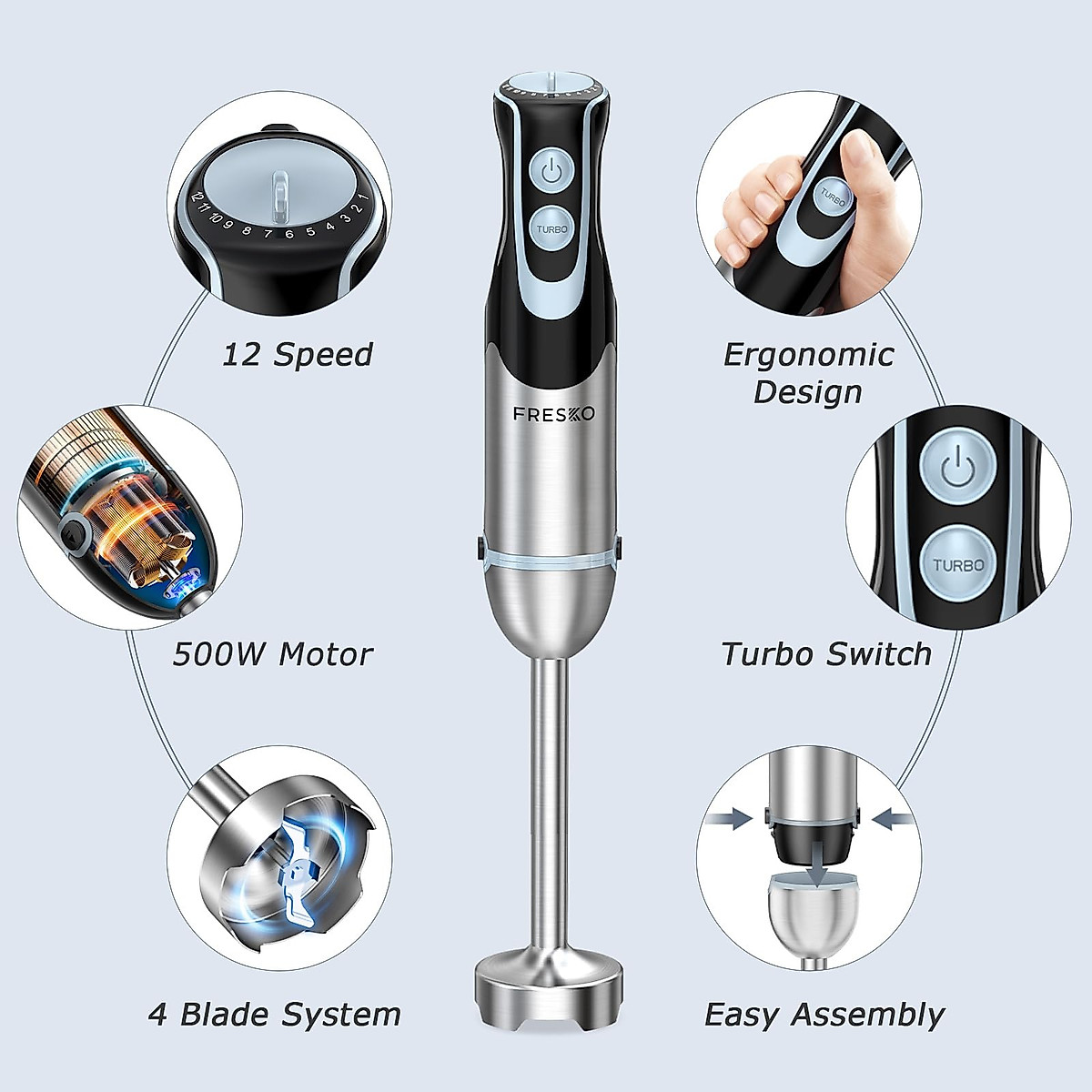 FRESKO Immersion Blender Handheld, 4-in-1 Stainless Steel Hand Stick Blender Electric with 12-Speeds & Turbo Mode, Powerful 500W Emulsion Blender with Beaker, Chopper & Whisk for Smoothies, Soup