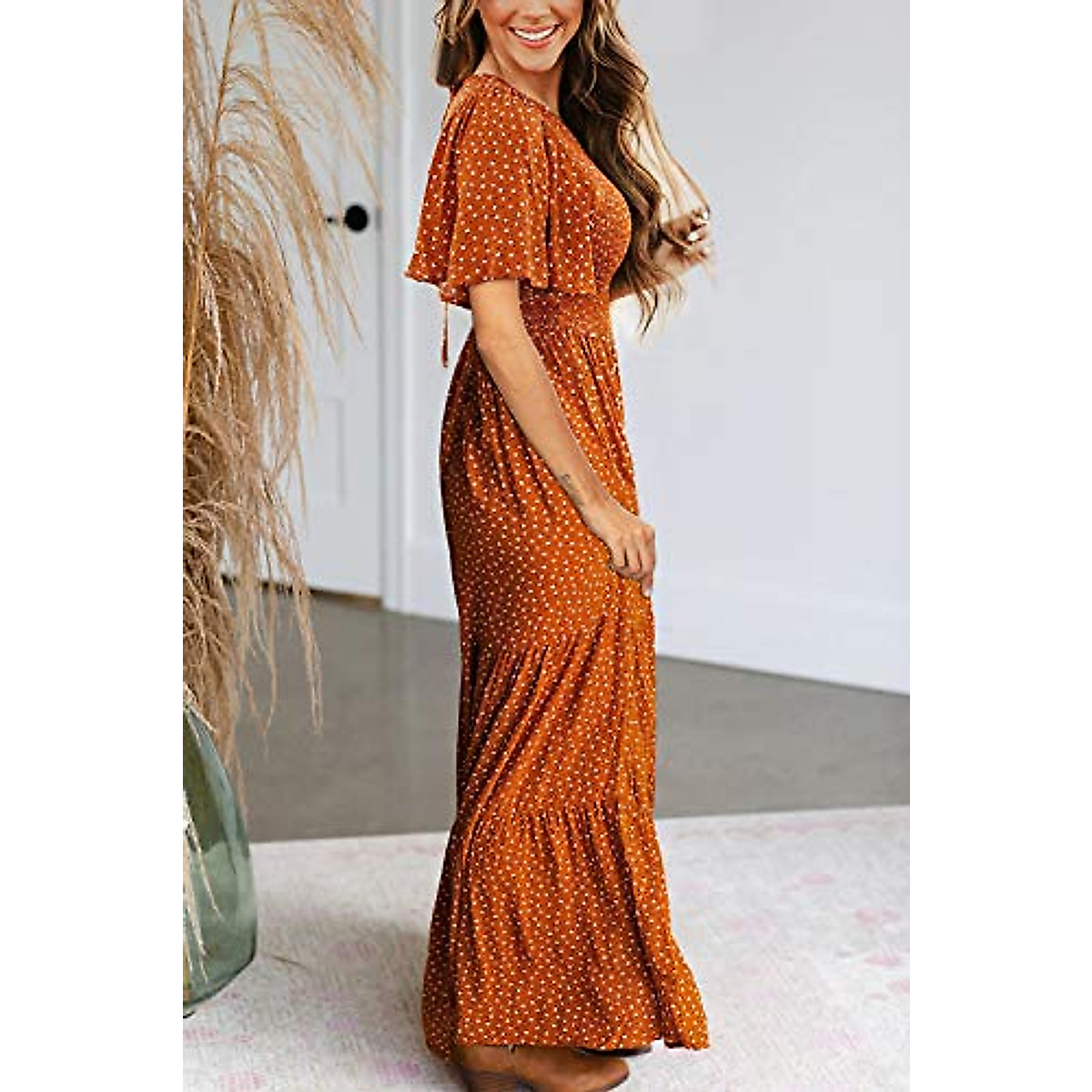 Kranda 2023 Summer Dresses for Women Round Neck Short Flutter Sleeve Casual Swing Flowy Smocked Ruffle Tiered Maxi Floral Dress Camel XL