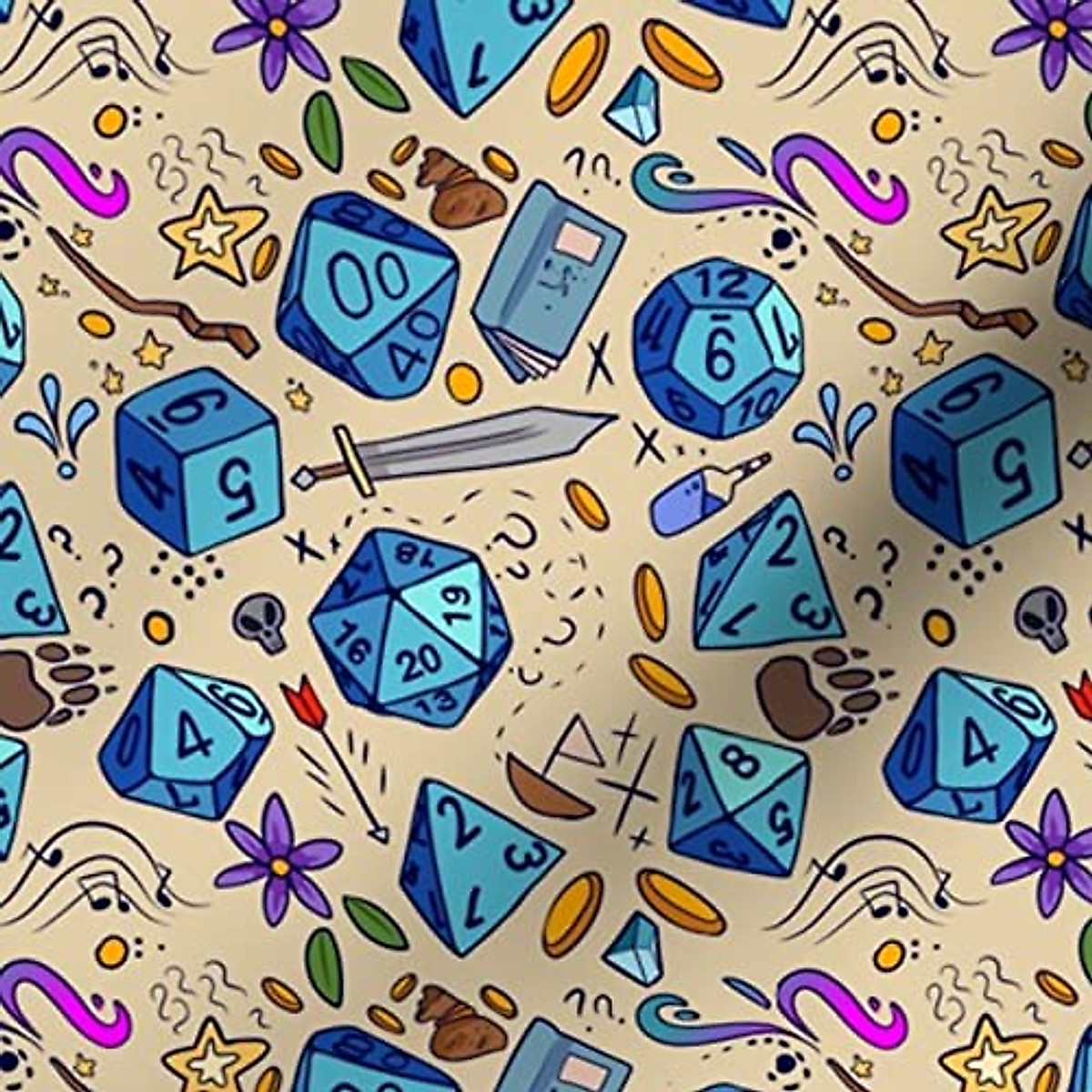 Spoonflower Fabric - Blue Fantasy Illustration Sword Dice Dragons Printed on Petal Signature Cotton Fabric Fat Quarter - Sewing Quilting Apparel Crafts Decor
