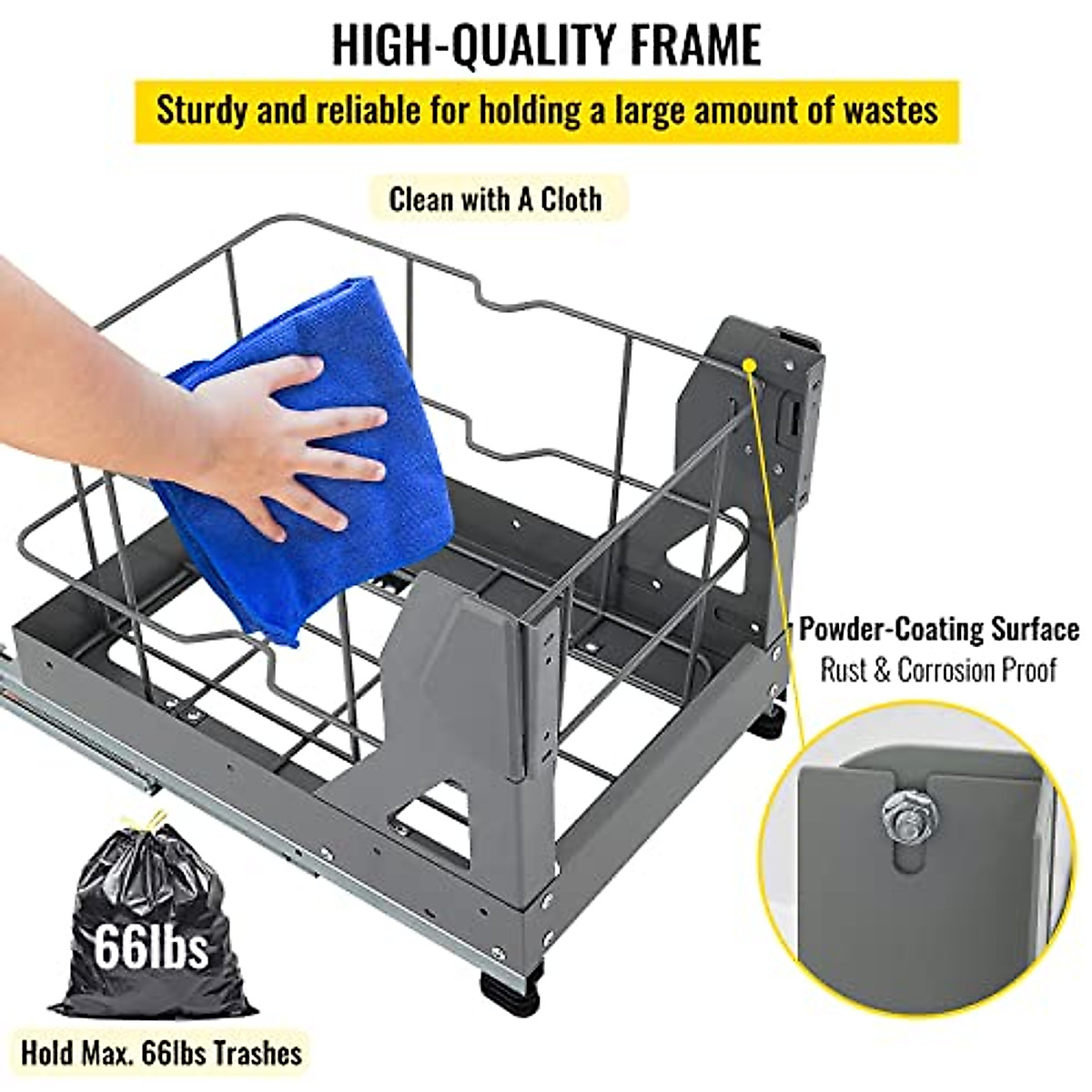 VEVOR Pull-Out Trash Can, 29Qt Double Bins, Under Mount Waste Container with Soft-Close Slides, 66 lbs Load Capacity & Door-Mounted Brackets, Garbage Recycling Bin with Lids for Kitchen Cabinet, Grey