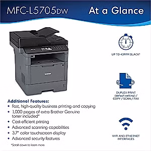 Brother MFC-L5705DW All-in-One Wireless Monochrome Laser Printer, Print Copy Scan Fax, Duplex (2-Sided), Ethernet, Hi-Speed USB 2.0, 42ppm, 1200x1200 dpi, 3.7" Touch LCD, Durlyfish