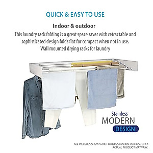 Wall mounted retractable clothing drying rack. Foldaway clothes rack. Collapsible folding hung indoor & outdoor. Space saver compact wall mount design. Foldable Hanging Racks for Laundry room (white)