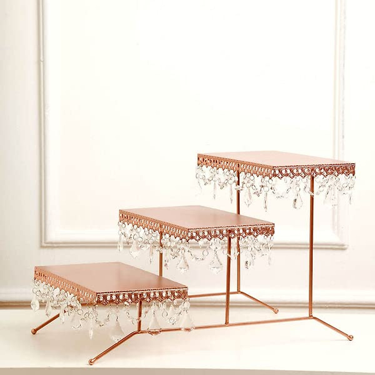 Efavormart 15" Tall Rose Gold 3 Tiered Serving Stand Cupcake Dessert Stand with Crystal Pendants