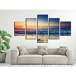 Pyradecor 5 Piece Large Modern Seascape Artwork Gallery Wrapped Ocean Sea Beach Pictures Canvas Prints Waves Paintings on Canvas Wall Art for Living Room Bedroom Home Decorations L