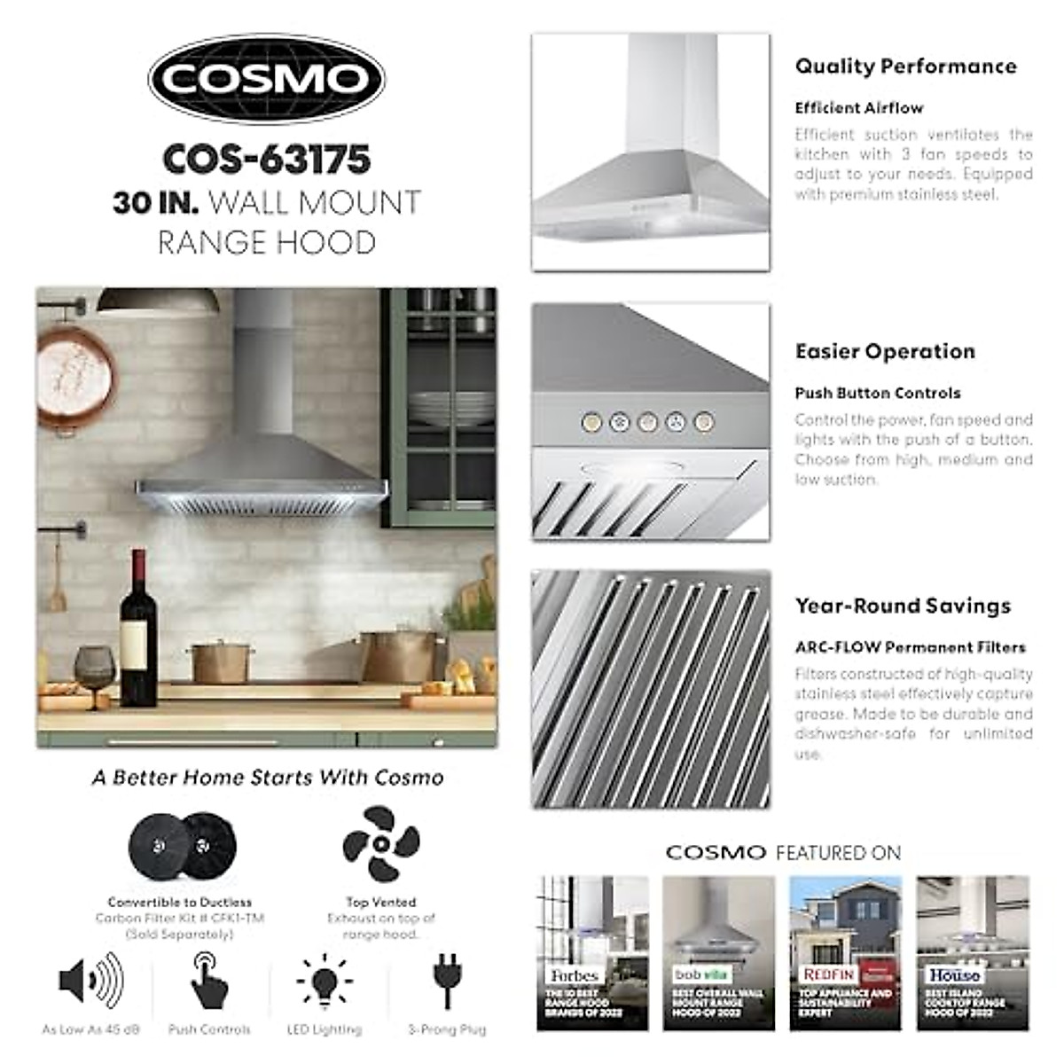 COSMO 63175 30 in. Wall Mount Range Hood with 380 CFM, Ducted, 3-Speed Fan, Permanent Filters, LED Lights, Chimney Style Over Stove Vent in Stainless Steel