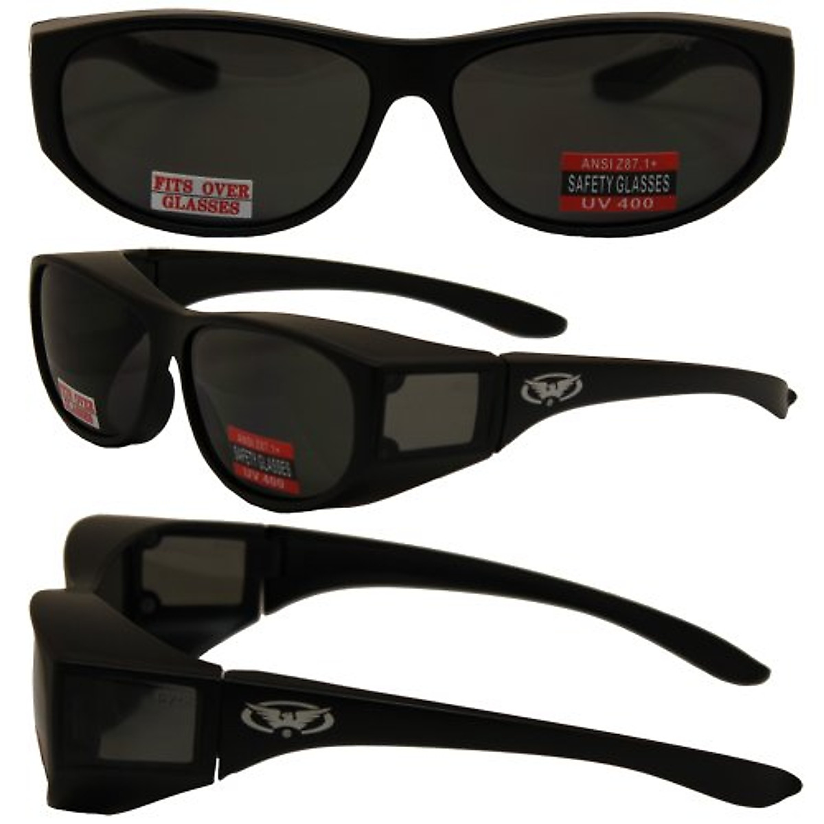 Global Vision 2 Pairs Clear and Smoke - Escort Fit Over Sunglasses ANZI Z87.1+ Safety Compliant