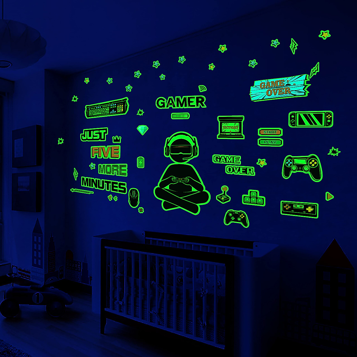 Glow in The Dark Game Wall Decal Video Game Room Decor Gaming Decals for Boys Room Wall Stickers for Kids Bedroom Sticker Home Playroom Decoration