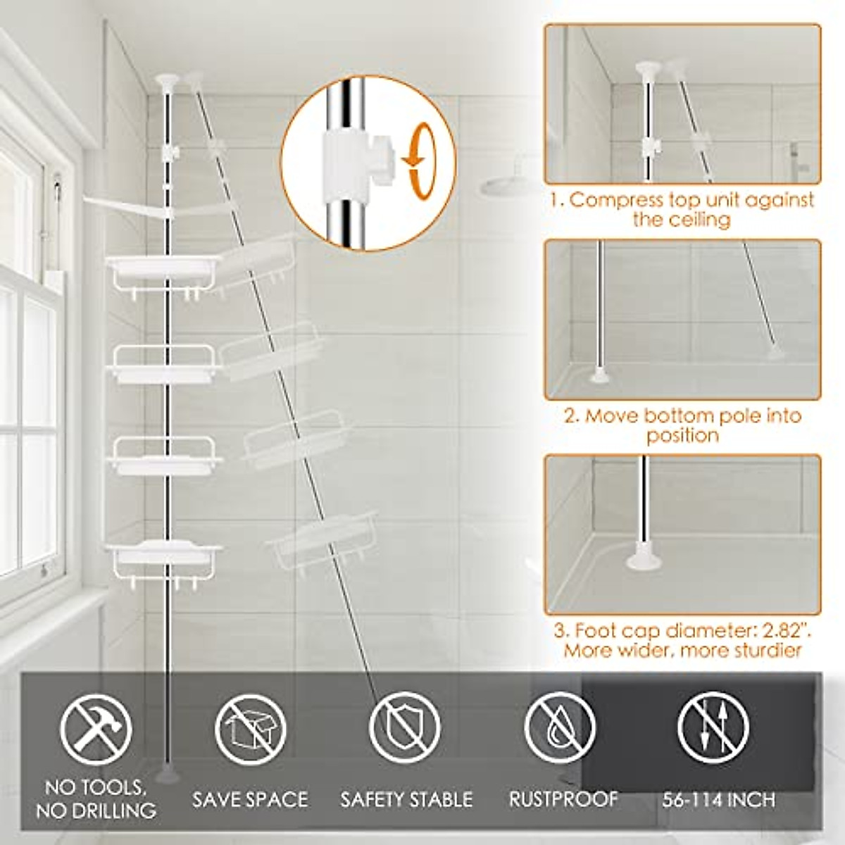 Rustproof Shower Caddy Corner, Shower Organizer with Tension Pole, 4 Tier Adjustable Shelves with Shower Storage, Stainless Shower Shelves, Drill Free Shower Rack, 56-114 Inch, White