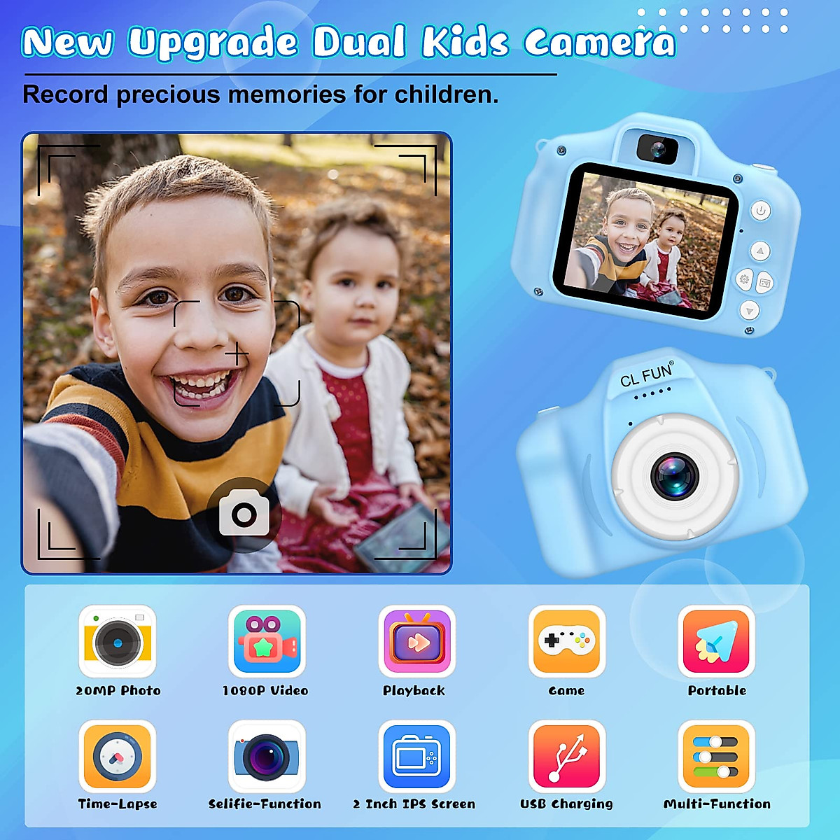 CL FUN Kids Camera, Video Camera for Kids Girls/Boys Age 3-12, HD Digital Camera for Toddler, Portable Kids Selfie Toy Camera with 32GB Card, Christmas Birthday Festival Present for Kids (Blue)