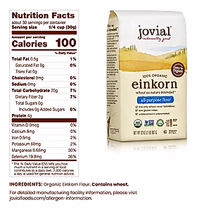 Jovial Einkorn 100% Organic Einkorn All Purpose Flour - Baking Flour, High Protein, Non-GMO, USDA Certified Organic, Unbleached Flour, Product of Italy, Organic All Purpose Flour - 32 Oz, 5 Pack