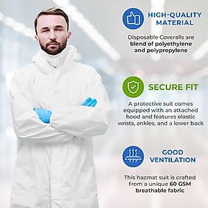 AMZ Disposable Coveralls with Hood, 3X-Large. Pack of 5 White Microporous Lab Coveralls Disposable. 60 GSM Painters Suit Disposable with Storm Flap Zipper Cover. Painters Suit Disposable. Hazmat Suit