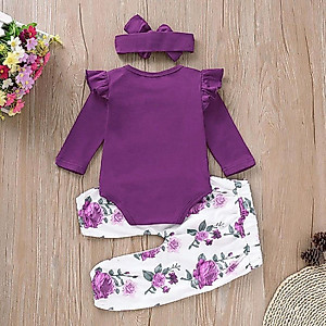 Aoswep Newborn Baby Girl Clothes, Infant Girl Outfits Long Sleeve Ruffle Romper + Floral Pants + Headband Set (9-12 Months,Purple)
