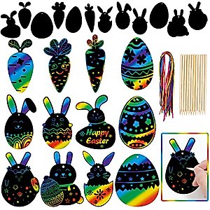 GOMANCHE 48 Pcs Easter Scratch Crafts for Kids, Rabbit Bunny Carrot Easter Egg Rainbow Scratch Paper Ornaments with Wooden Stick and Ribbon for Easter Party Favors