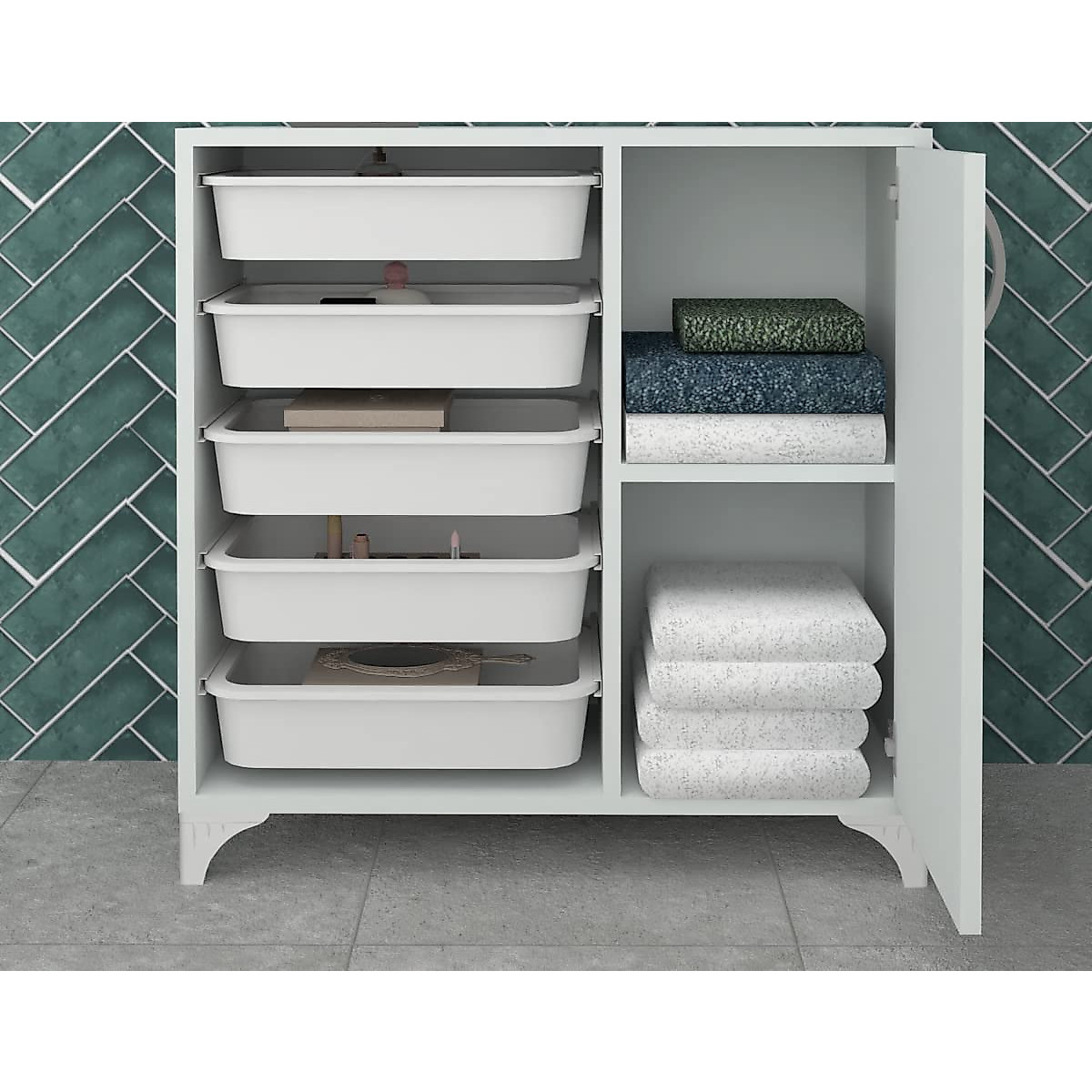 Dresser Closet Organizer and Storage Bins Drawer Toy Storage Chest Shelves Shoe Cabinet Rack Bookshelf Bathroom Office Kitchen Pantry Organizer Garage Organization (White, 5 Basket with Door)