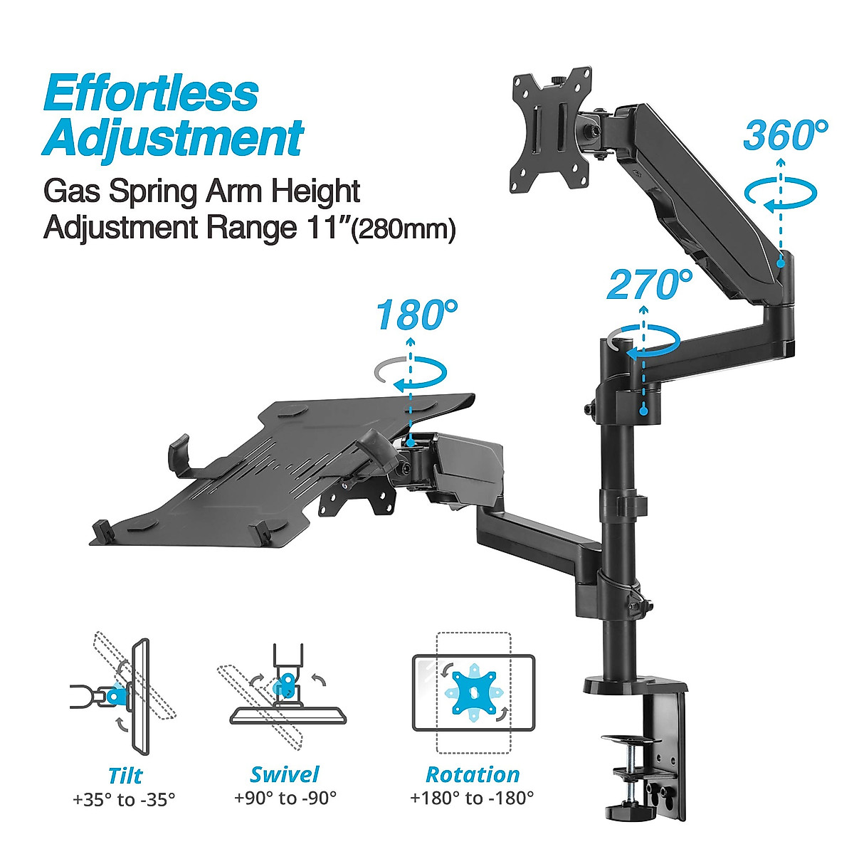 AVLT Laptop and Monitor Arm Tall Pole - Mount 15.6" Notebook and 32" Monitor on 2 Full Motion Adjustable Arms - Organize Your Work Surface with VESA Monitor Desk Mount