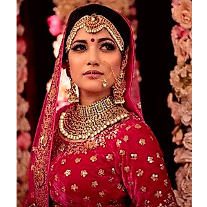 Aheli Ethnic Indian Indian Traditional Bollywood Faux Kundan Dulhan Heavy Bridal Jewelry Set with Choker Earrings Maang Tikka Hathphool for Women Girls