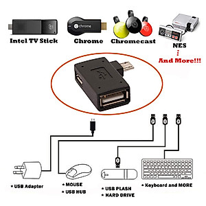 AuviPal 2-in-1 Powered Micro USB to USB OTG Adapter 90 Degree Right Angled for FireStick, S/NES Classic Mini, Sega Genesis and More - 2 Pack