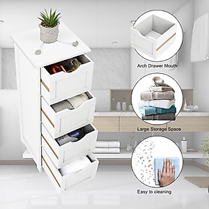 VINGLI White Bathroom Storage Cabinet with 4 Drawers Wooden Freestanding Slim Bathroom Floor Cabinet Small Side Organizer Storage Unit for Bathroom Livng Room Kitchen Office Hallway Entryway