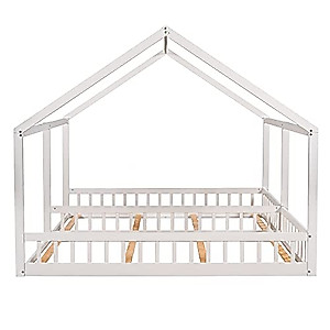 Harper & Bright Designs Kids House Bed Frame with 2 Twin Platform Beds,Wooden Double Twin Beds with Triangular Roof,Montessori Floor Bed Twin with Rails for Girls or Boys, No Box Spring Needed,White