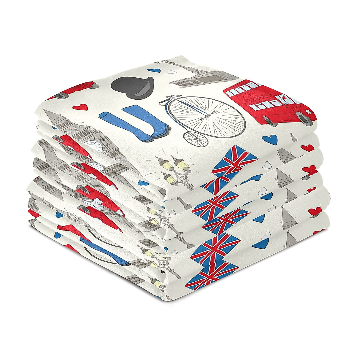 ALAZA Cartoon Big Ben Bus British Flag Kitchen Towels Dish Bar Tea Towel Dishcloths Set of 4 Super Absorbent Soft 18 x 28 inches