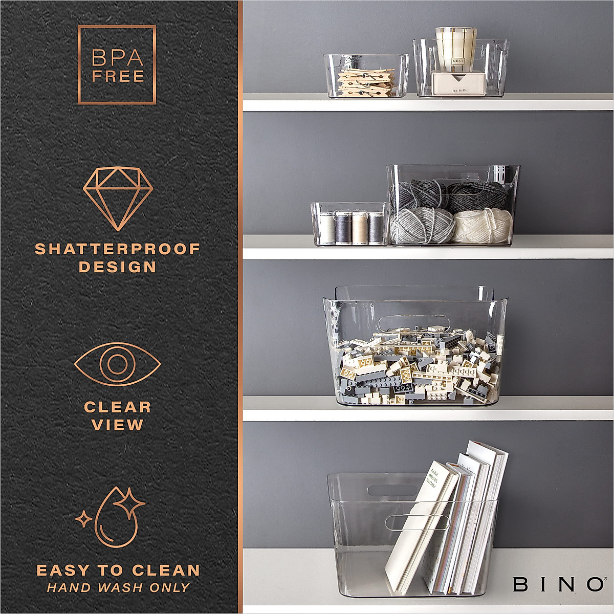 BINO | Plastic Storage Bins, Large | The SOHO Collection | Multi-Use Organizer Bins | Built-in Handles | BPA-Free | Pantry Organization | Home Organization | Fridge Organizer | Freezer Organizer