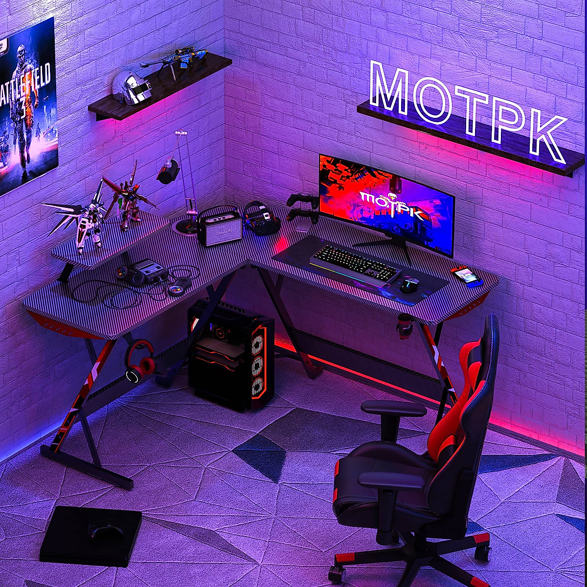 MOTPK L Shaped Gaming Desk with Carbon Fiber Surface, Corner Computer Desk L Shape with Monitor Shelf, Gamer Desk Gaming Table with Cup Holder & Headphone Hook, Black, 51 Inch