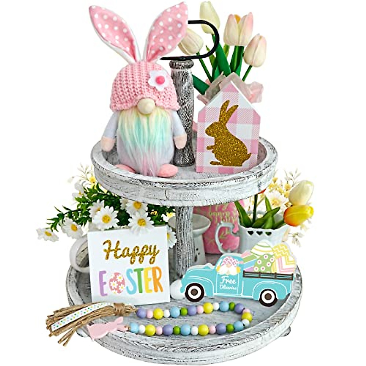 Easter Decorations, 5Pcs Easter Gnome Tiered Tray Decor, 3 Glitter Easter Wood Signs, Truck Full of Eggs, Easter Bunny Gnome Plush, Spring Easter Bead Garland,Rustic Farmhouse Spring Easter Decor