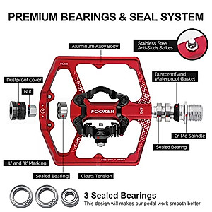 FOOKER MTB Mountain Bike Pedals, Dual Function Flat and Pedal,3 Sealed Bearing Flat Platform Compatible with Clipless Pedal Aluminum 9/16" Pedals with Cleats for Road Mountain BMX MTB