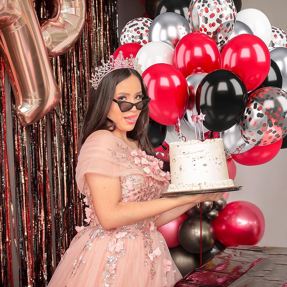 50pcs 12inch Red Black White Silver Balloons and Black Red Confetti Balloons for Graduation Wedding Birthday Baby Shower Party Decorations