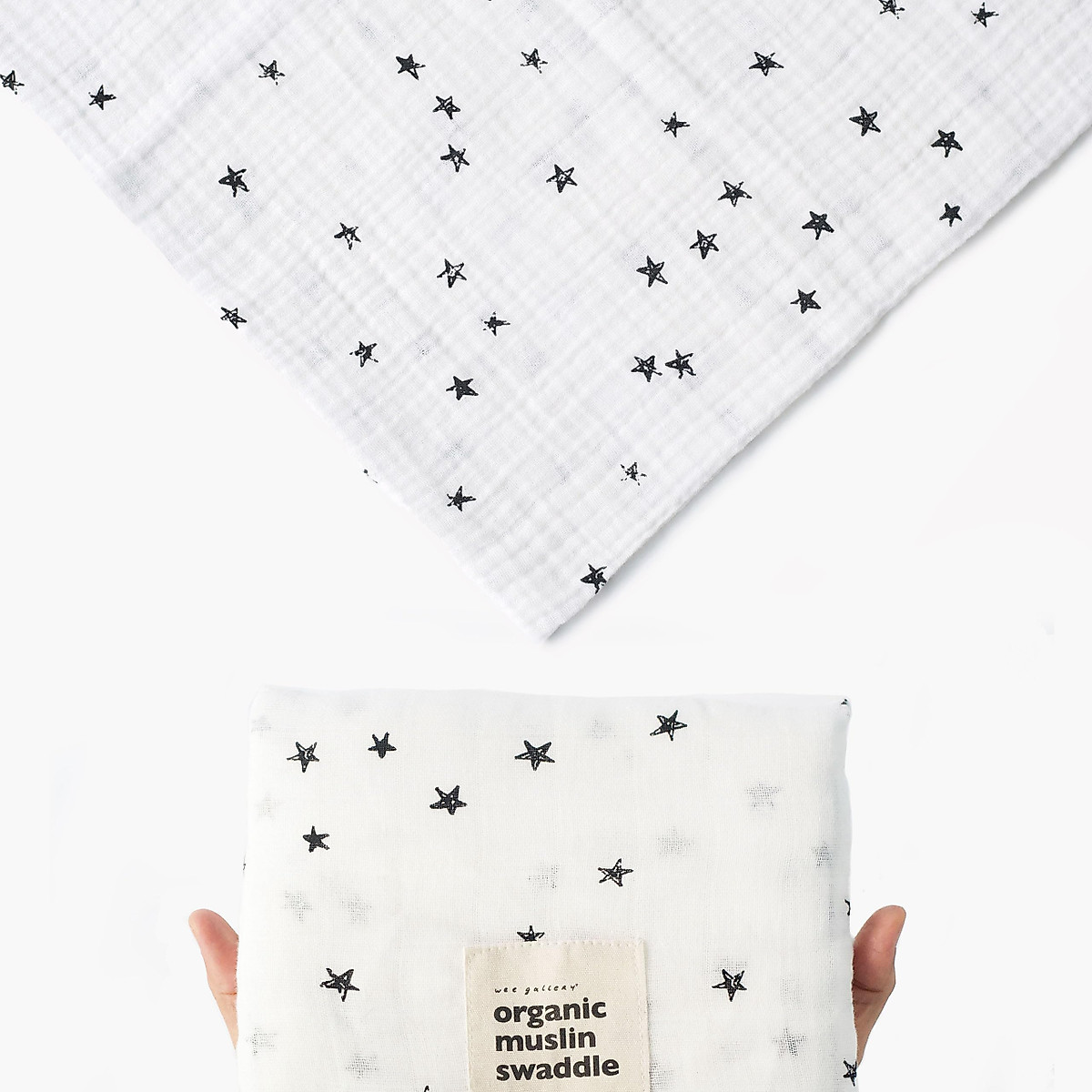 Wee Gallery, Organic Muslin Swaddle - Stars Design - Black and White for Baby Visual Development, Quality Cotton Swaddling or Receiving Blanket