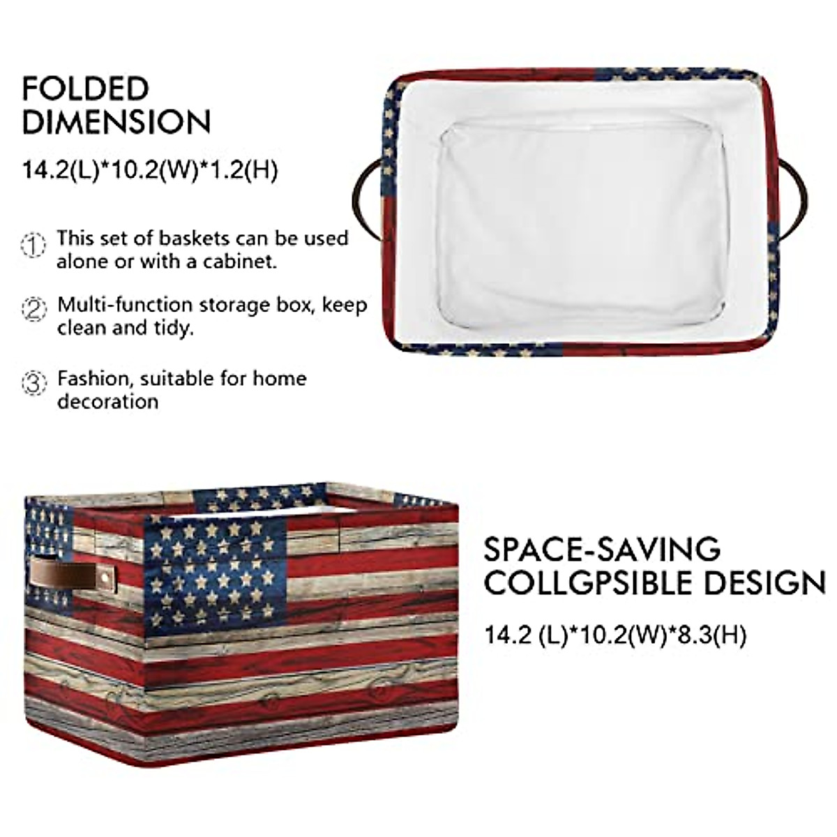 American Flag Wooden Patriotic Storage Basket Bin USA Flag 4th of July Large Fabric Toys Storage Box Cube with Handles Foldable Closet Shelf Cloth Organizer Baskets Decor for Shelves Nursery Bedroom