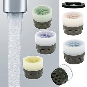 Flow Options Aerator Kit Faucet Inserts 1.2 GPM - 1.8 PCA Water-Saving Replacement Restrictors - 5 Pack Install Wrench Kithen Bathroom Aerated Stream Parts Set (Tom Thumb Size)