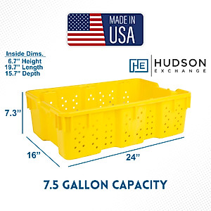 Hudson Exchange 24 x 16 x 7.3" (7.5 Gallon) Agricultural Nest and Stack Vented Crate Handled Storage Container Tote, Yellow (4 Pack)