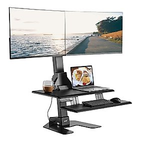 AVLT Dual 32" Monitor Electric Standing Desk Converter with Huge Keyboard Tray Extra Large 28"x 16" Spacious Tabletop Motorized Automatic Height Adjustable Sit to Stand Table Sturdy Small Footprint