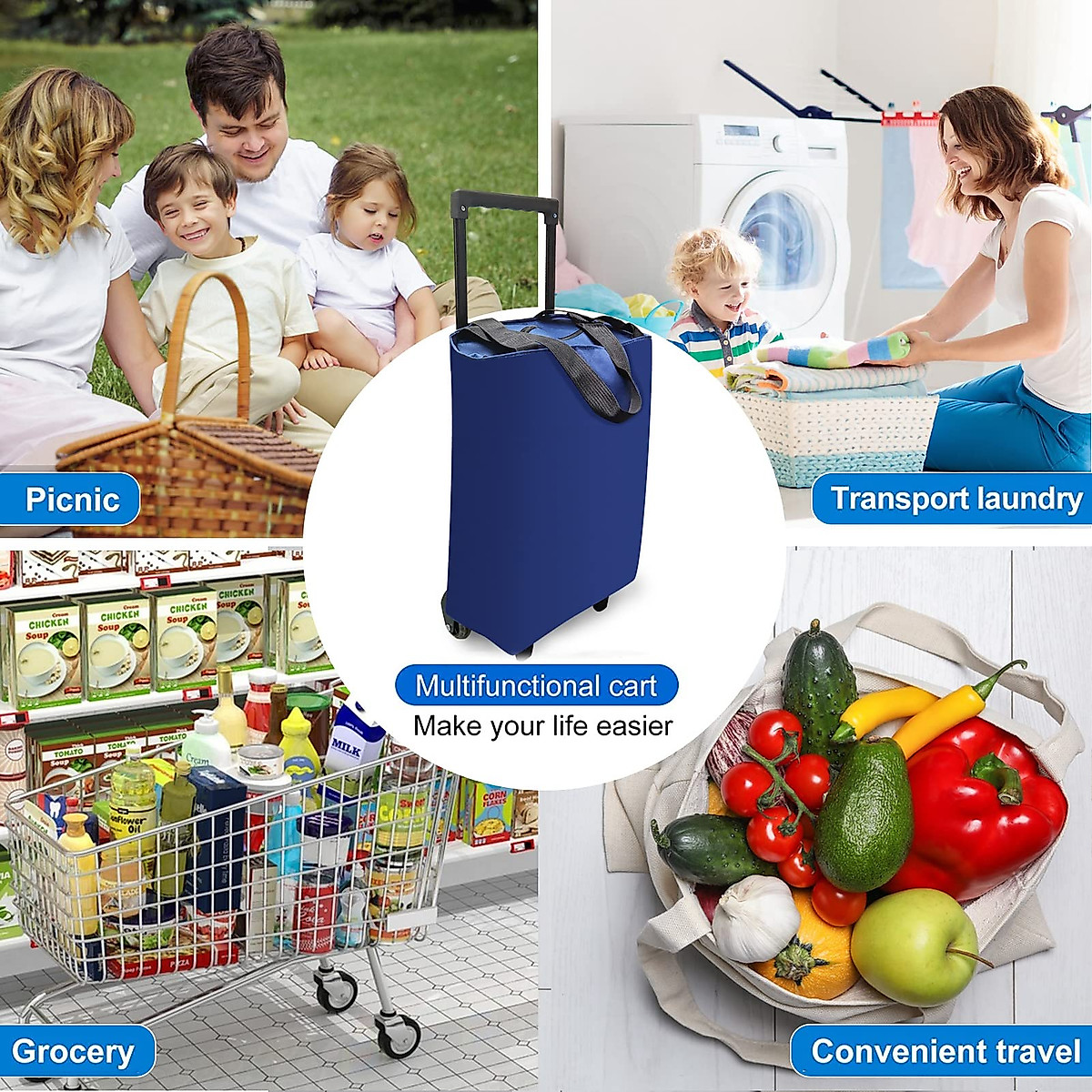 Ikaufen Folding Shopping Cart with Wheels, Portable Foldable Utility Cart, Heavy Duty Shopping Carts for Groceries with Removable Waterproof Shopping Bag for Supermarket Travel Camping