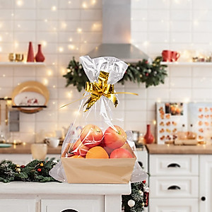 6 Pack Baskets for Gifts Empty- Large Sturdy Kraft Gift Basket Kit with Pull Bows and Clear Gift Bags for Christmas Wedding Birthday Party Gift Wrapping