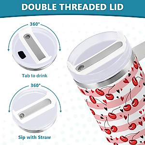 Tumbler with Handle and Straw Lid,Cute Cherry White Pink Striped 40 oz Insulated Coffee Cup Stainless Steel Fruit Water Bottle Travel Mug Cupholder Friendly,Gifts for Women Men