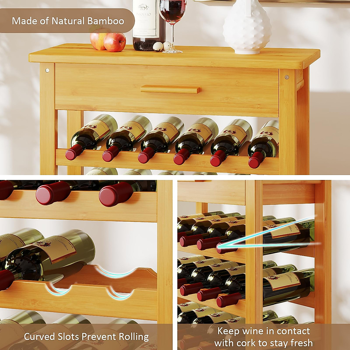Kinbor 6-Tier Bamboo Wine Rack with Drawer, Standing Storage Rack with 36 Bottles Holder for Bar, Wine Cellar, Basement, Cabinet, Pantry, Kitchen