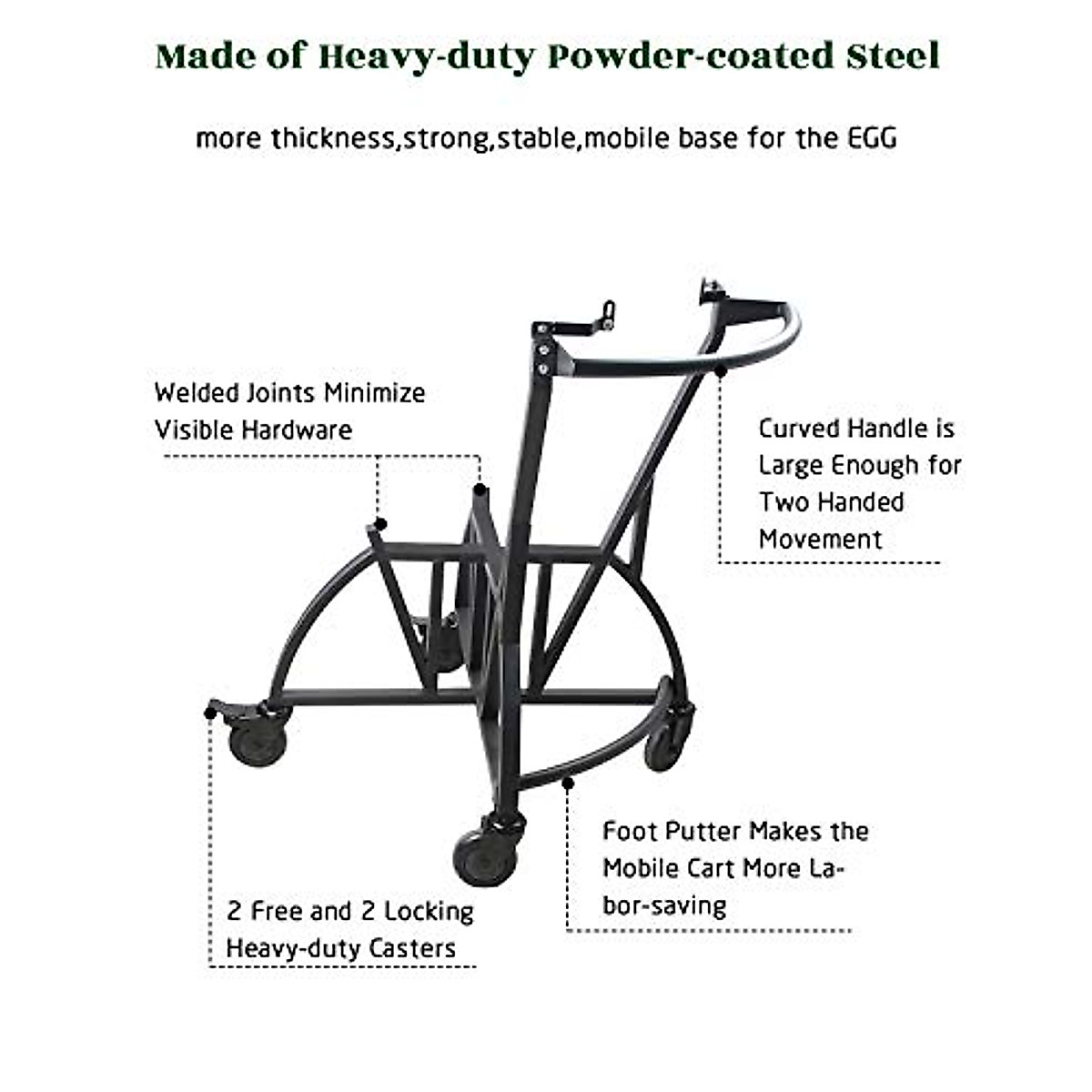 KAMaster Newly Grill Nest Rolling Cart with Handler + Foot Putter for Large Big Green Egg Stand with Heavy Duty Locking Caster Wheels Powder Coated Steel Rolling Nest Big Green Egg Smoker Accessories