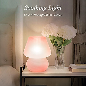 ONEWISH Mushroom Lamp Cute Table Lamp for Bedroom Nightstand Soft Light Pink, Small Glass Nightlight Stepless Dimmable Desk Lamp for Dining, Living, Nursery, Vanity, Home Decor Gift for Girls Women