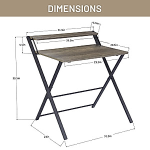 Folding Desk, 31.9 Inch Foldable Writing Table 2 Tier, Computer Desk for Home Office Study, Metal Frames/Wood Table Top, Space Saving, No Assembly Required, Brown