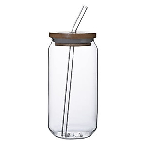 Ochine Drinking Glasses with Bamboo Lids and Glass Straw, Beer Can Glass Cup Iced Coffee Drinking Jars Tumbler Cup Reusable Old Fashioned Glasses Cup for Cocktail, Whiskey, Smoothies, Tea, Juice, etc