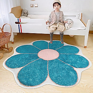 Poowe Teal Blue Flower Shaped Rug,Cute Round Rug for Bedroom Living Room, Fluffy Circular Rug Washable Nursery Rug for Kids Room Nonslip Indoor Floor Mat for Entryway-39.4" Round