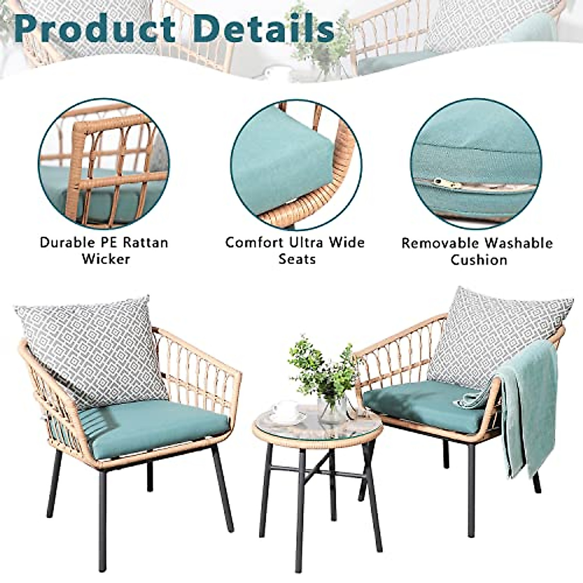 wOod-it 3 Piece Patio Furniture Outdoor Conversation Bistro Set with Tempered Coffee Table and Wicker Chairs for Garden Balcony Backyard Yard Poolside (Green)